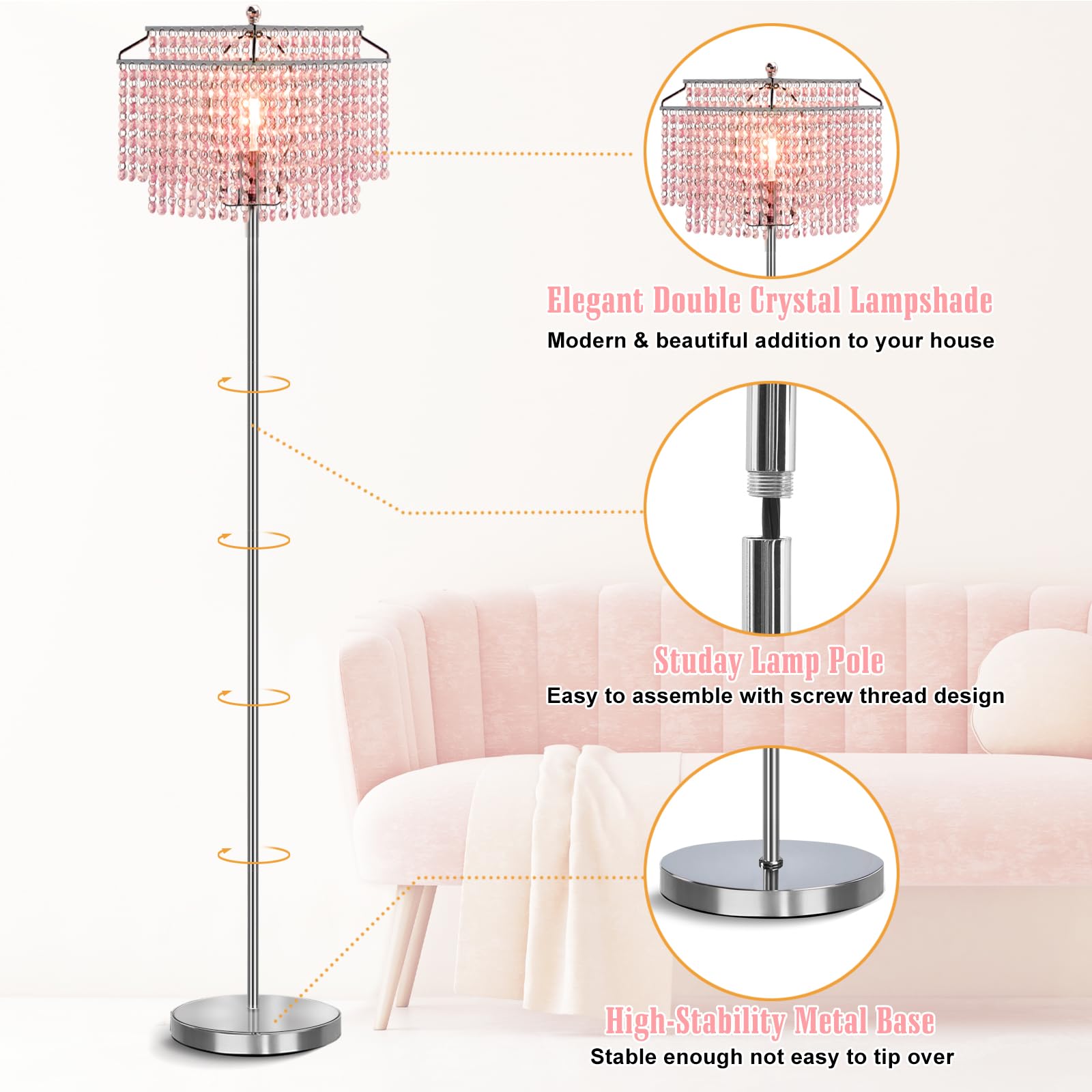 Luvkczc Crystal Floor Lamp, Modern Standing Lamps with Double-Layer Lampshade, Floor Lamps with On/Off Foot Switch, Tall Pole Lamp for Living Room, Girl Bedroom, Dresser, Office