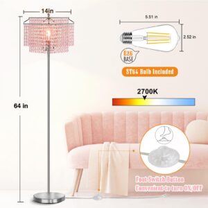 Luvkczc Crystal Floor Lamp, Modern Standing Lamps with Double-Layer Lampshade, Floor Lamps with On/Off Foot Switch, Tall Pole Lamp for Living Room, Girl Bedroom, Dresser, Office