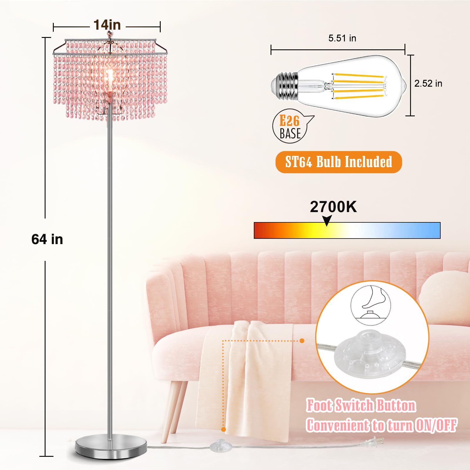 Luvkczc Crystal Floor Lamp, Modern Standing Lamps with Double-Layer Lampshade, Floor Lamps with On/Off Foot Switch, Tall Pole Lamp for Living Room, Girl Bedroom, Dresser, Office