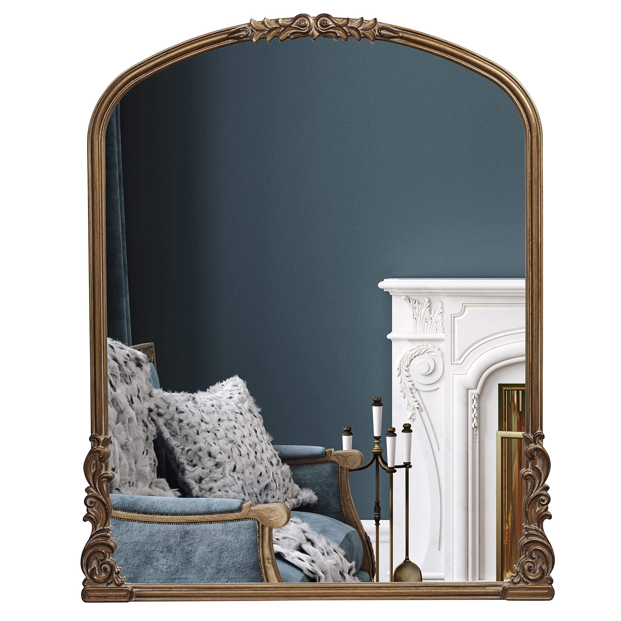 Wylde Iris 28.4x35 Inch English Estate Carved Arch Wood Wall Mirror, Antique Gold, Mirror for Entryway, Living Room, Bathroom