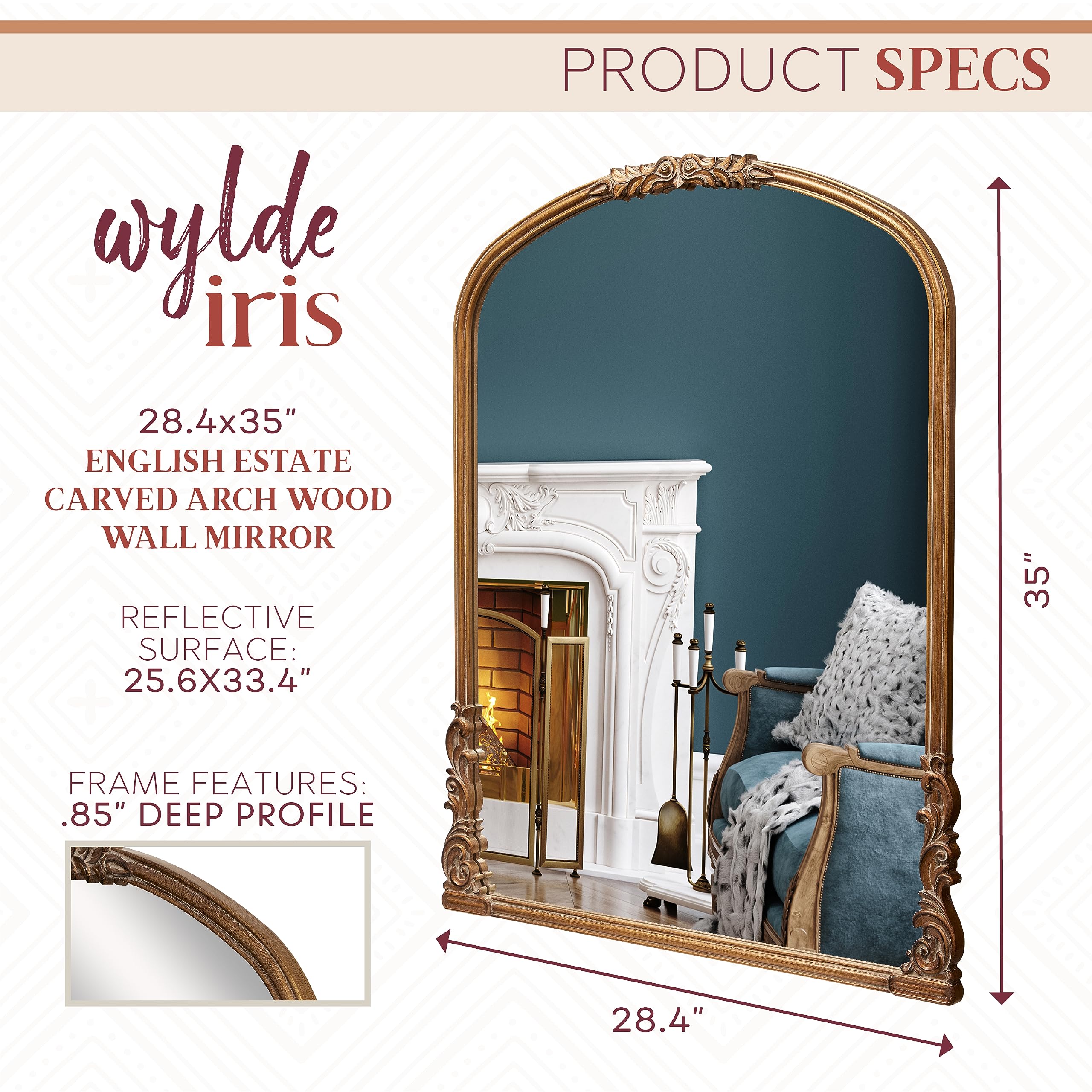 Wylde Iris 28.4x35 Inch English Estate Carved Arch Wood Wall Mirror, Antique Gold, Mirror for Entryway, Living Room, Bathroom