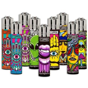 clipper lighter – cp11 – mix designs – 9 lighters - safe butane clipper lighter - refillable lighters in assorted colors - reusable lighter - soft flame kitchen lighter -(colors and design will vary)