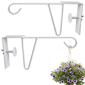 moonoom 2 pack adjustable vinyl fence hooks,5 x 10 inches durable white patio hooks coated steel fence hangers for hanging flower baskets, wind chimes, planters, lights (2pcs white)