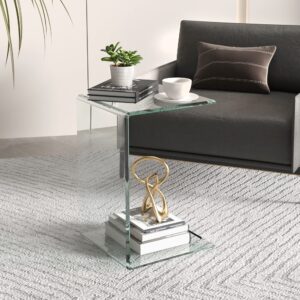 gssdee tempered glass end table, sofa side table clear c-shape design for living room, versatile nightstand with smooth edges