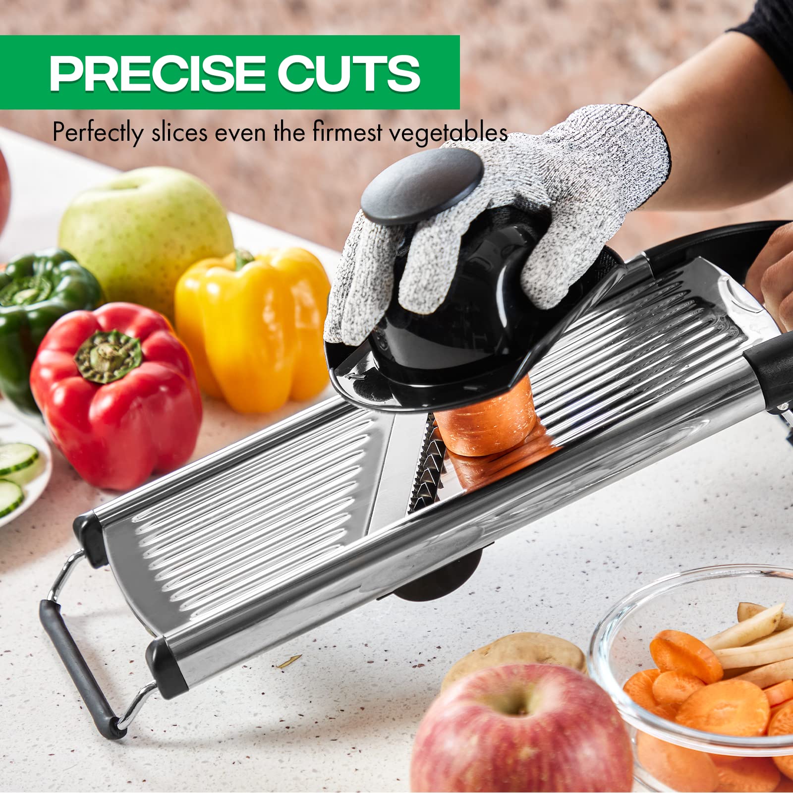 MadebyGNL Mandoline Slicer for Kitchen, Adjustable Stainless Steel Vegetable Cutter,Vegetable Chopper for Potato, Tomato, Veggie Salad and Onion, French Fry Cutter with Cut-Resistant Gloves