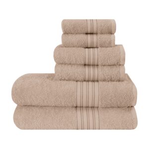 boutiquo 6 pack cotton towel set, contains 2 bath towels 28x55 inch, 2 hand towels 16x24 inch & 2 wash coths 12x12 inch, ideal everyday use, ultra soft compact & lightweight - tan