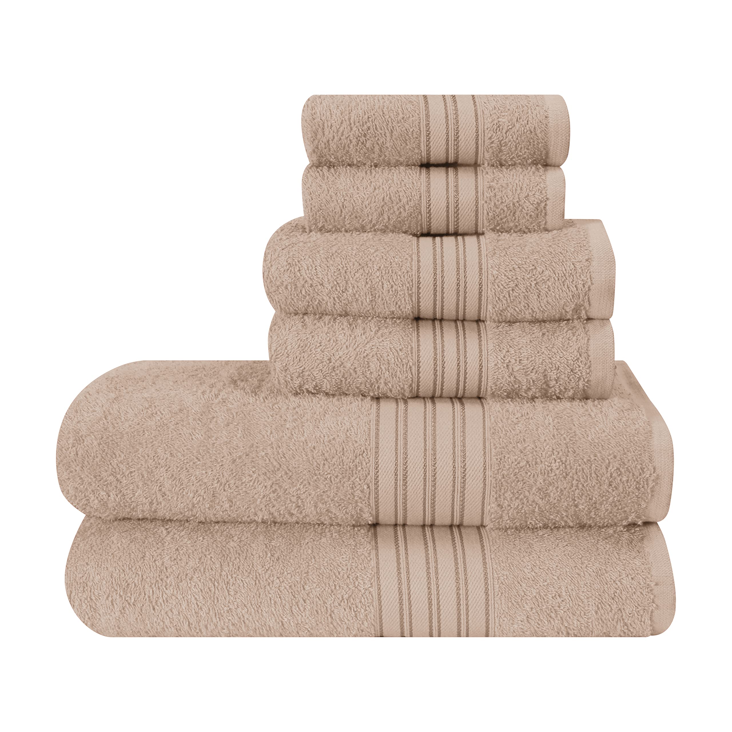 BOUTIQUO 6 Pack Cotton Towel Set, Contains 2 Bath Towels 28x55 inch, 2 Hand Towels 16x24 inch & 2 Wash Coths 12x12 inch, Ideal Everyday use, Ultra Soft Compact & Lightweight - Tan