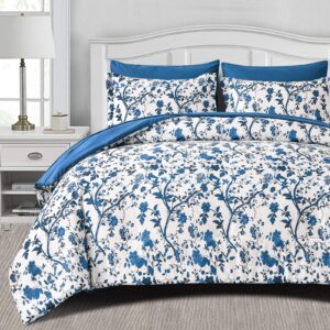 lldsyw king size comforter set - 7 pieces bed in a bag soft microfiber bedding comforter set leaves floral pattern on white comforter sets with sheets for all seasons (king, blue)