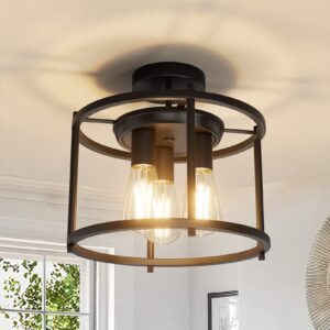 farmhouse semi flush mount ceiling light fixture black industrial kitchen ceiling light rustic vintage ceiling mount 3 lights chandelier lighting for dining room hallway entryway bedroom living room