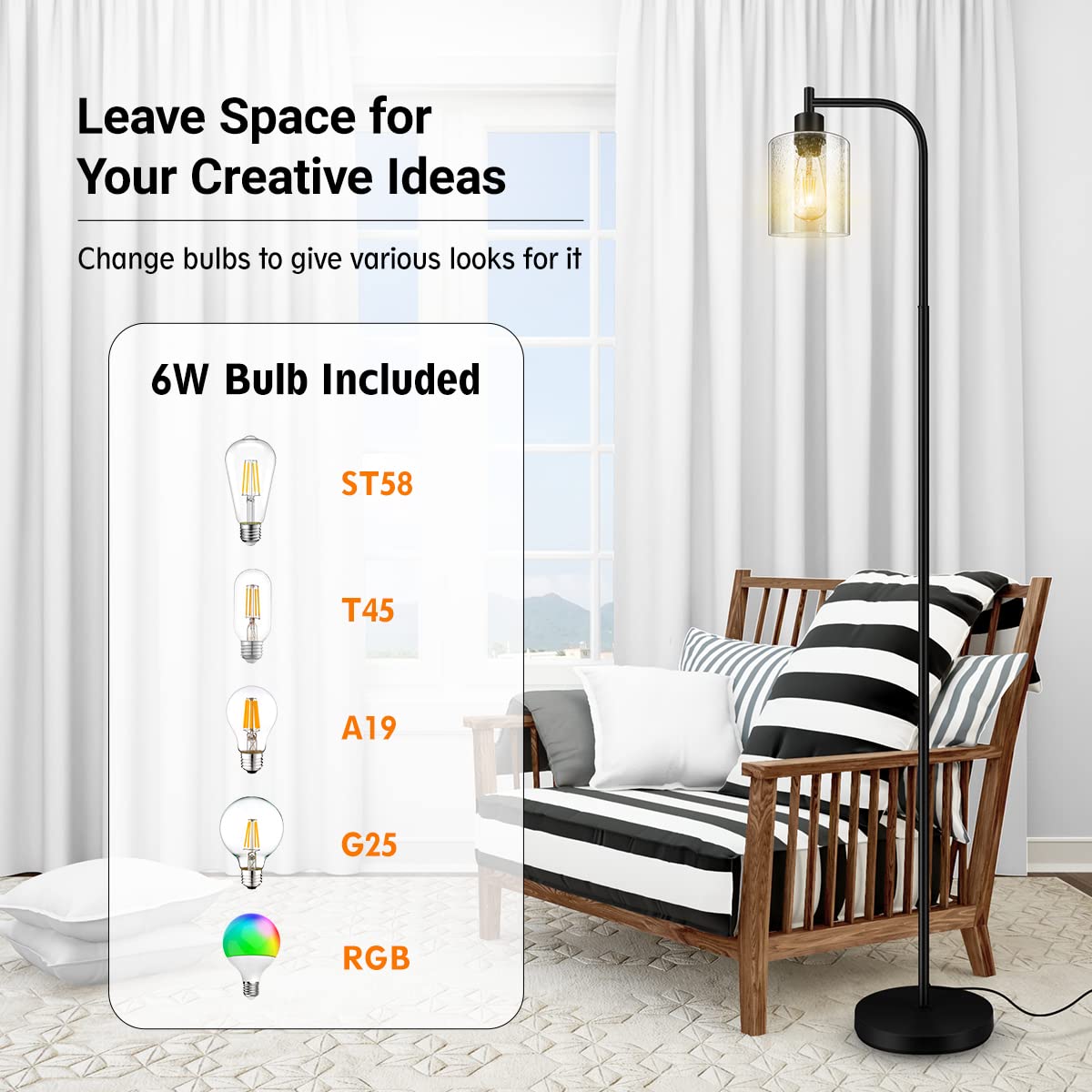 BoostArea Modern Floor Lamp with Seeded Glass Shade, 65 Inches Tall, Energy Efficient, LED Bulb Included, Easy Assembly and Use