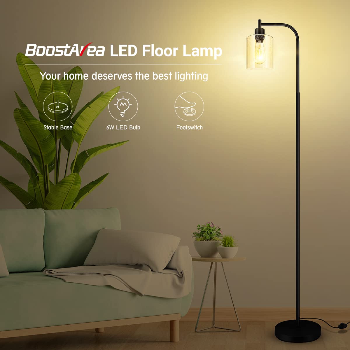 BoostArea Modern Floor Lamp with Seeded Glass Shade, 65 Inches Tall, Energy Efficient, LED Bulb Included, Easy Assembly and Use