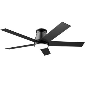 wurzee 52" flush mount ceiling fan, black low profile ceiling fan, 6 speeds dc reversible motor, timing, dimmable ceiling fan for indoor patio porch garage shop factory warehouse