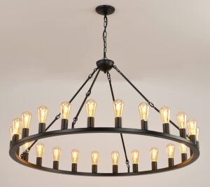 celimi wagon wheel chandelier large black round modern farmhouse light fixtures for high ceilings, dining room,living room (24-lights)