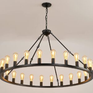 celimi Wagon Wheel Chandelier Large Black Round Modern Farmhouse Light Fixtures for High Ceilings, Dining Room,Living Room (24-lights)