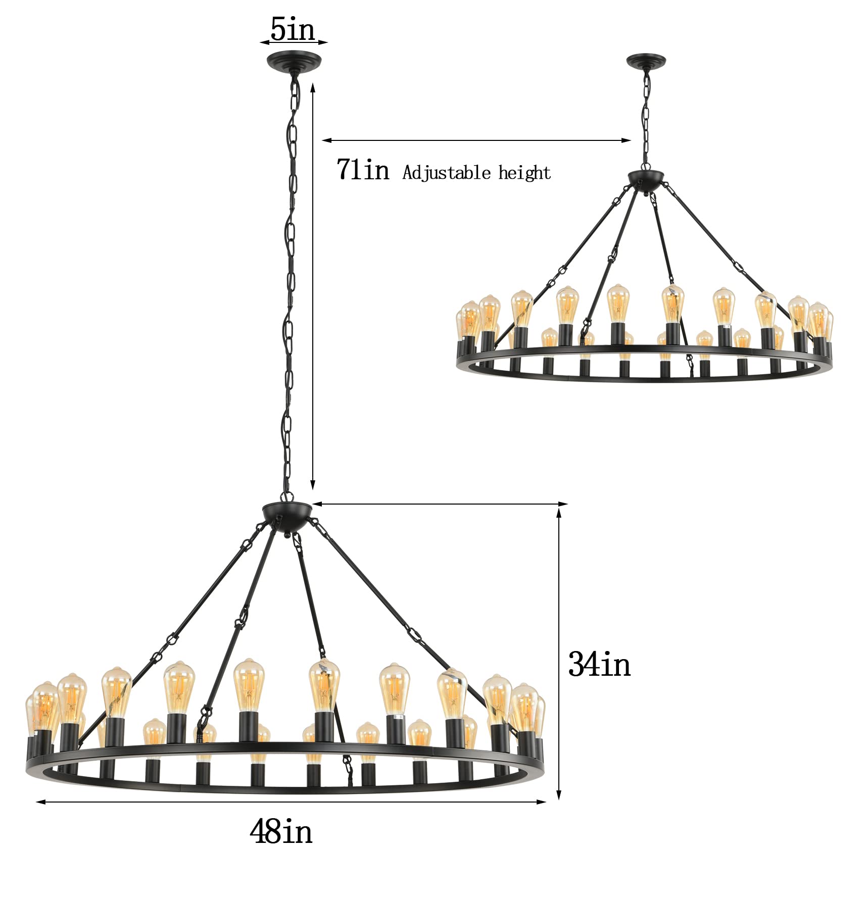 celimi Wagon Wheel Chandelier Large Black Round Modern Farmhouse Light Fixtures for High Ceilings, Dining Room,Living Room (24-lights)