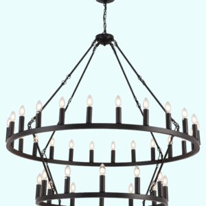 celimi Wagon Wheel Chandelier Large Black Round Modern Farmhouse Light Fixtures for High Ceilings, Dining Room,Living Room (36-lights)