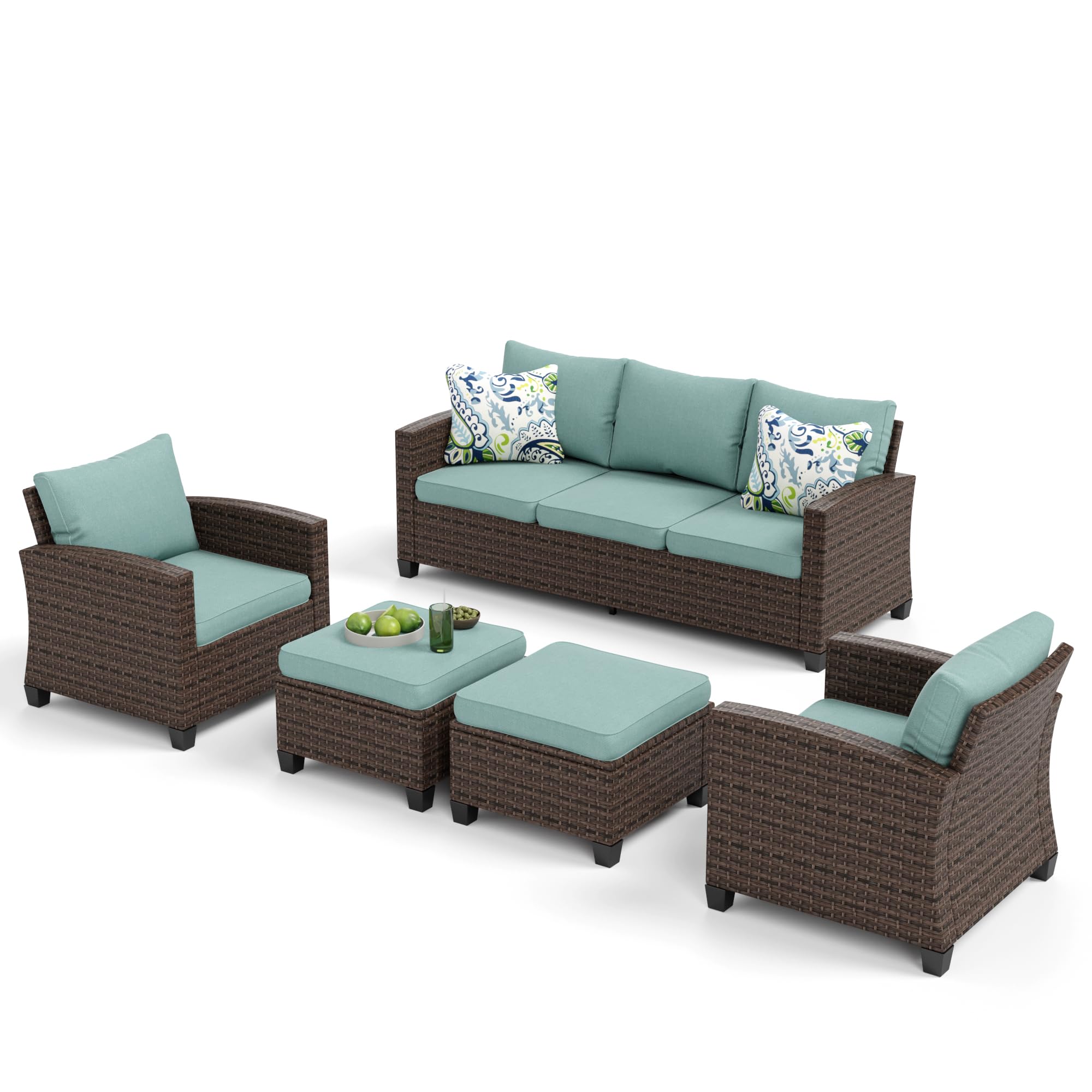 MIXPATIO Patio Furniture Set, 5 Pcs Wicker Outdoor Conversation Set, 2 x Single Chairs, 1 x 3 Seater Sofa and 2 x Ottoman with 4" Thick Cushion for Garden Backyard Deck, Blue