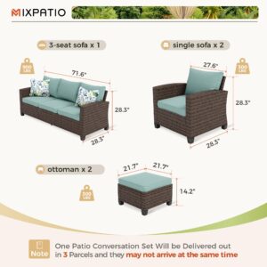 MIXPATIO Patio Furniture Set, 5 Pcs Wicker Outdoor Conversation Set, 2 x Single Chairs, 1 x 3 Seater Sofa and 2 x Ottoman with 4" Thick Cushion for Garden Backyard Deck, Blue