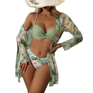 3 piece women's swimsuit, sexy floral printed push up bikini set with kimono cover ups, high waist beach wear (as1, alpha, x_l, regular, regular, avocado green)