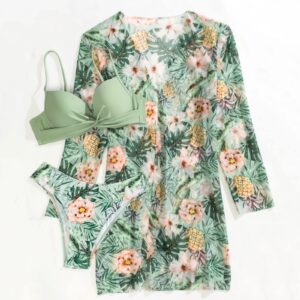 3 Piece Women's Swimsuit, Sexy Floral Printed Push Up Bikini Set with Kimono Cover Ups, High Waist Beach Wear (as1, alpha, x_l, regular, regular, Avocado Green)