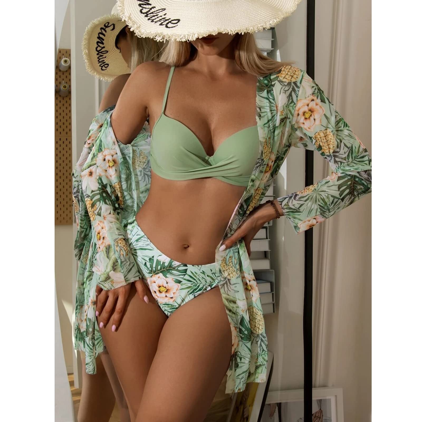 3 Piece Women's Swimsuit, Sexy Floral Printed Push Up Bikini Set with Kimono Cover Ups, High Waist Beach Wear (as1, alpha, x_l, regular, regular, Avocado Green)