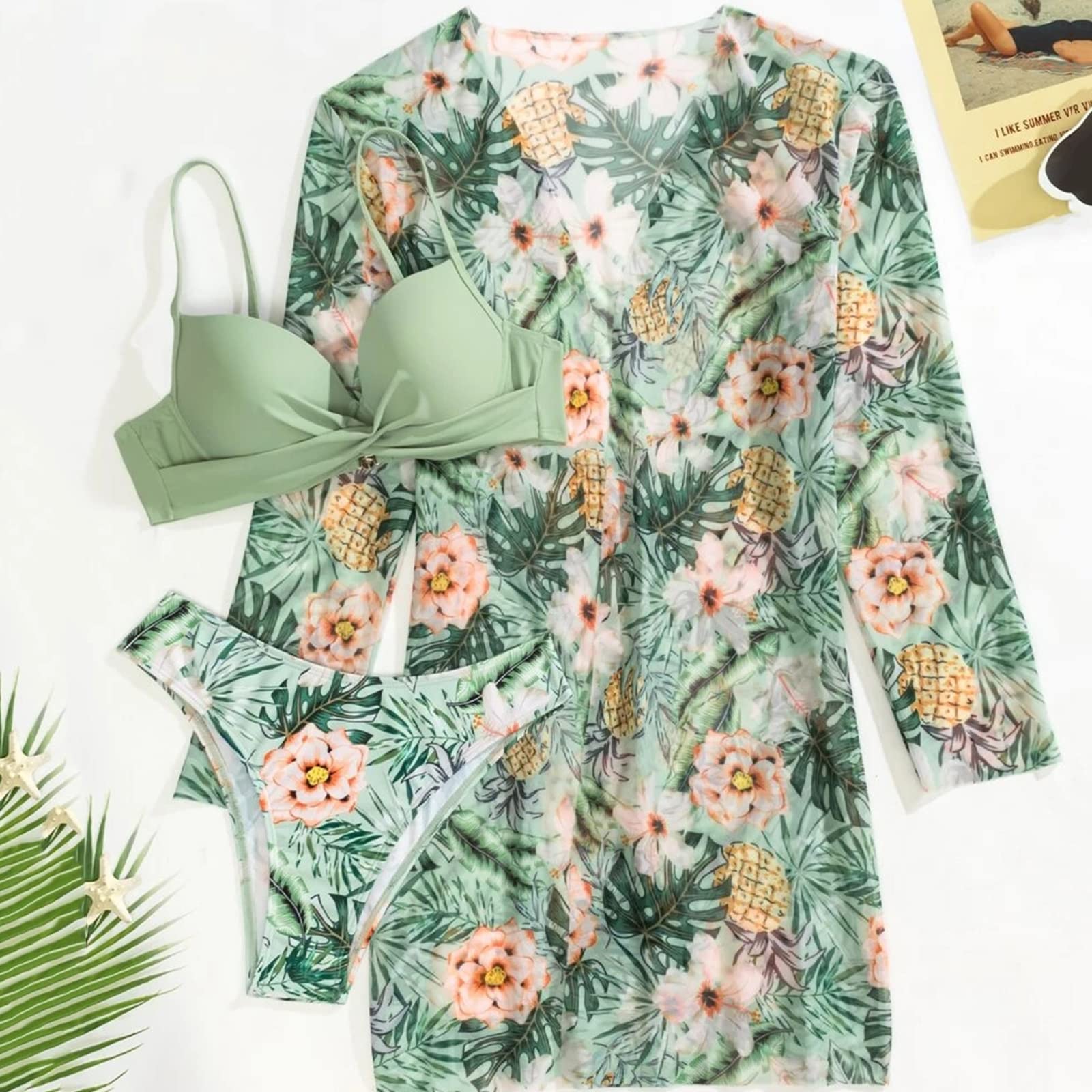 3 Piece Women's Swimsuit, Sexy Floral Printed Push Up Bikini Set with Kimono Cover Ups, High Waist Beach Wear (as1, alpha, x_l, regular, regular, Avocado Green)