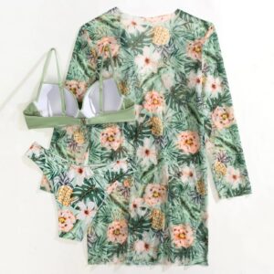 3 Piece Women's Swimsuit, Sexy Floral Printed Push Up Bikini Set with Kimono Cover Ups, High Waist Beach Wear (as1, alpha, x_l, regular, regular, Avocado Green)