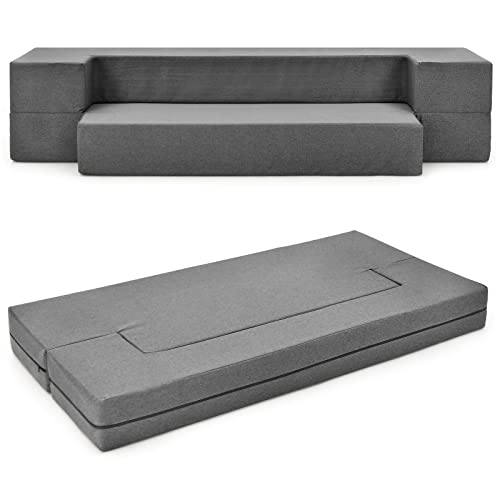 Giantex 8 Inch Folding Sofa Bed Couch, Memory Foam Futon Mattress Linen Fabric Sofa, Floor Couch Lounge Sleeper Bed for Living Room Bedroom Guest Room, Dark Grey, Twin