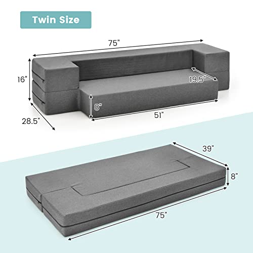 Giantex 8 Inch Folding Sofa Bed Couch, Memory Foam Futon Mattress Linen Fabric Sofa, Floor Couch Lounge Sleeper Bed for Living Room Bedroom Guest Room, Dark Grey, Twin