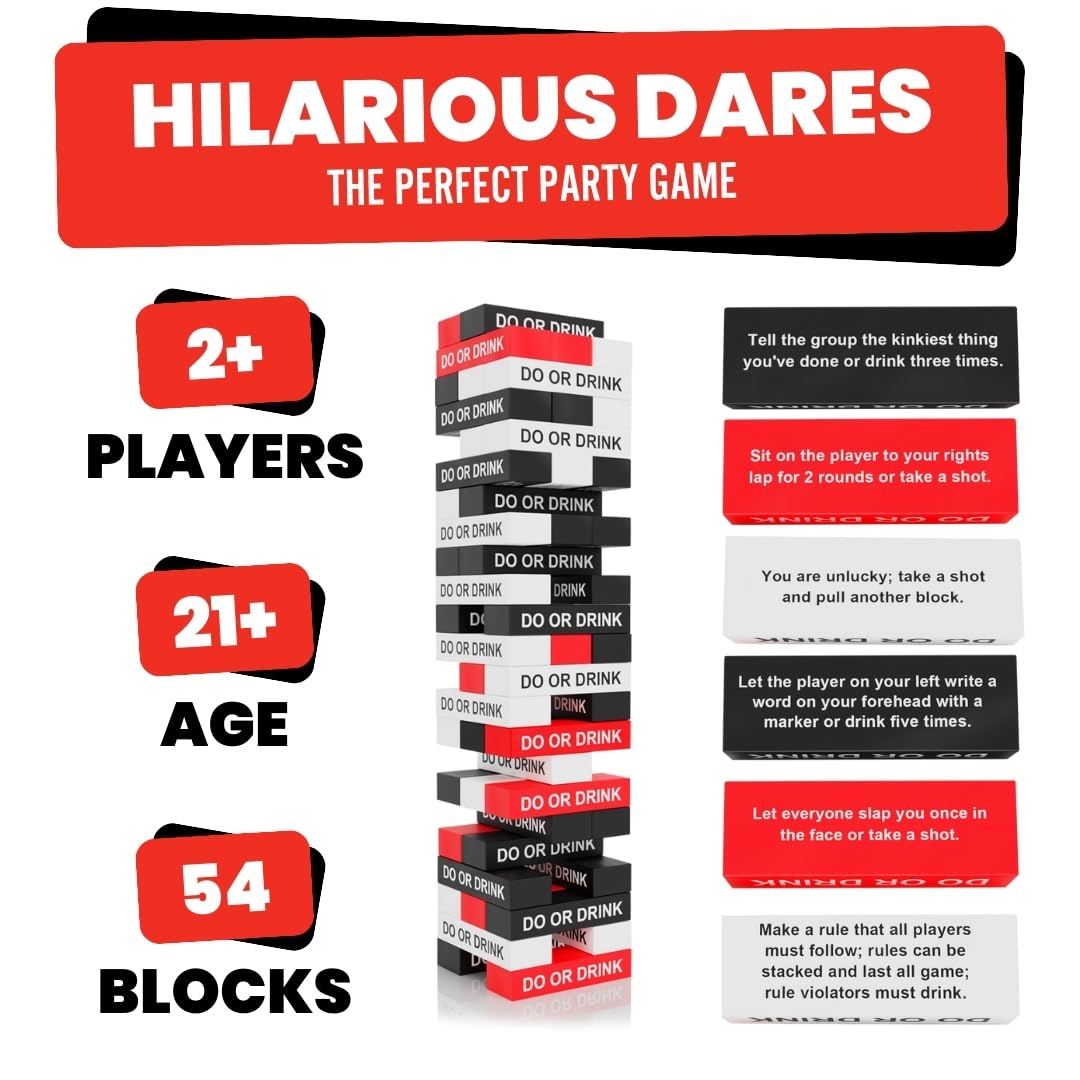 Do or Drink Blackout Tower Drinking Game - Adult Party Game with 54 Blocks and Challenges - Fun Drunk Game for Game Night - Great Gift for Pregames, Bachelorettes, Couples, and More