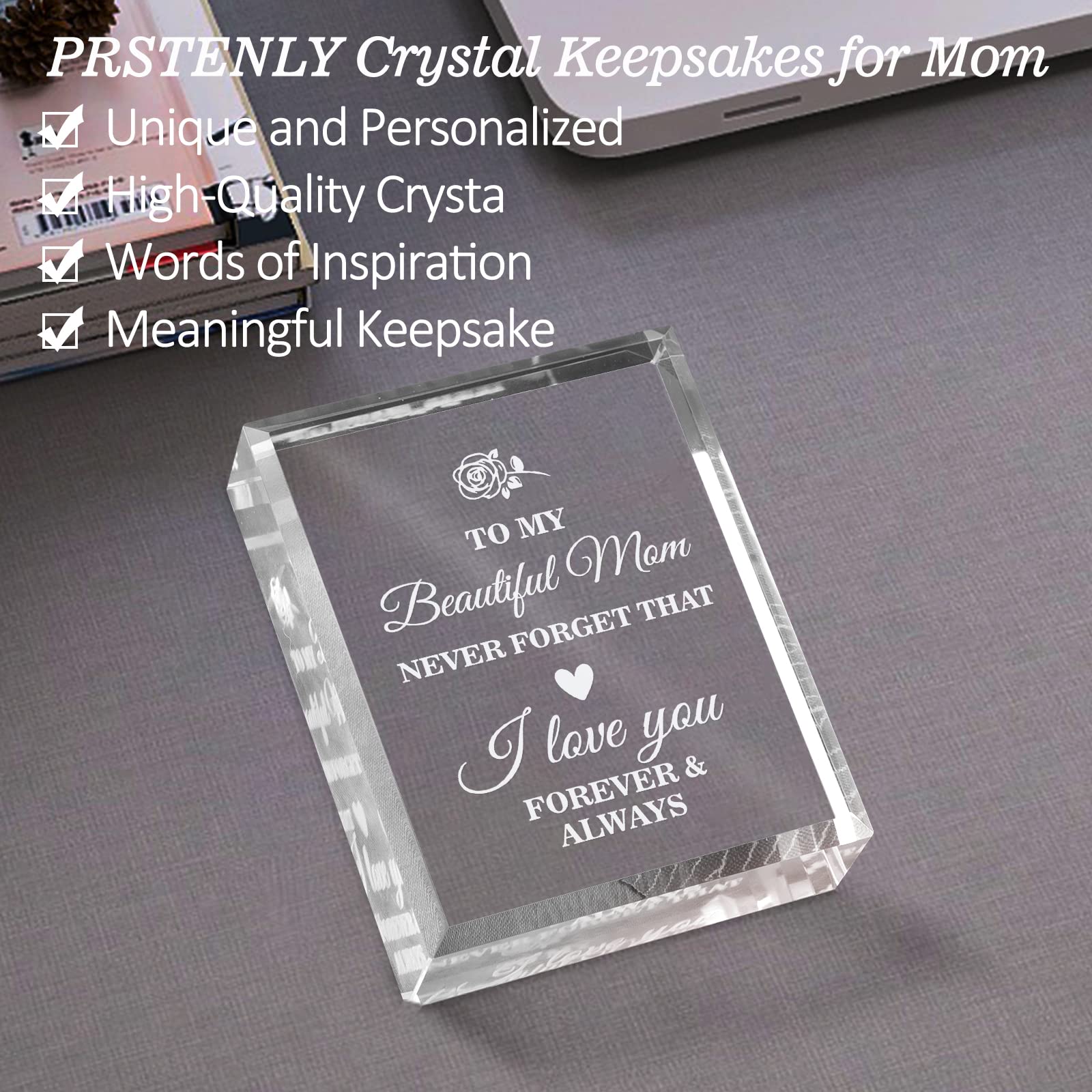 PRSTENLY Gifts for Mom Crystal Keepsakes, Christmas Birthday Gifts for Mom from Daughter Son, to My Mom Gifts Valentines Day Gifts for Mom Personalized Engraved Crystal Decor