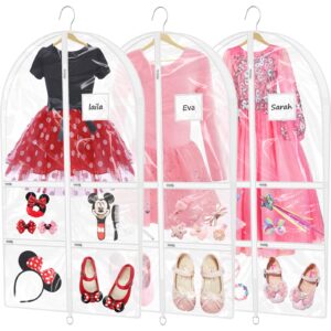 sdawin 40'' clear kids dance costume garment bags for dancers with pockets, pvc waterproof 3.3" gussetes for girls and boy travel clothes covers, 3 packs