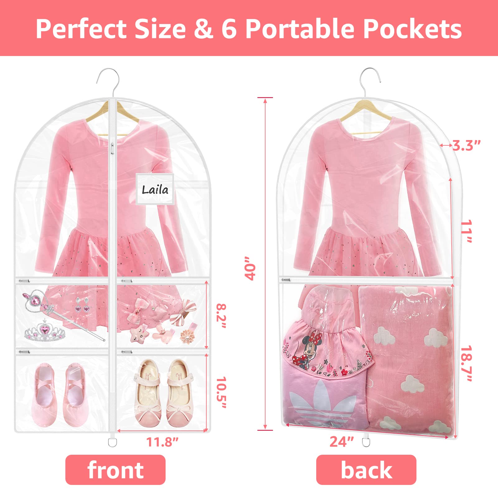 SDAWIN 40'' Clear Kids Dance Costume Garment Bags for Dancers with Pockets, PVC Waterproof 3.3" Gussetes for Girls and Boy Travel Clothes Covers, 3 Packs