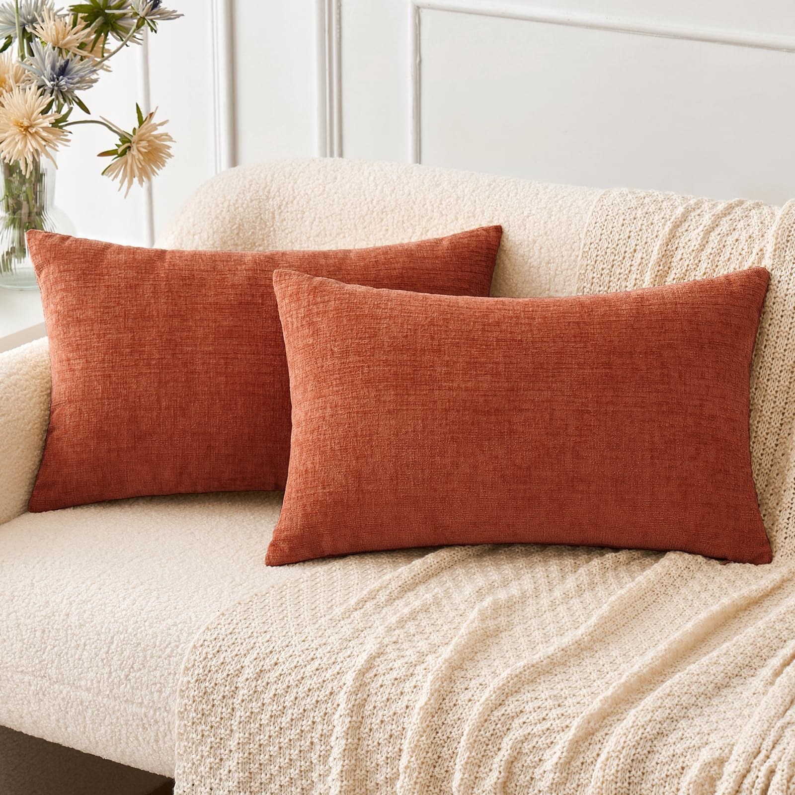 MIULEE Fall Pack of 2 Couch Throw Pillow Covers 12x20 Inch Soft Burnt Orange Chenille Pillow Covers for Sofa Living Room Solid Dyed Pillow Cases