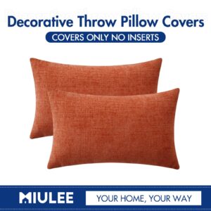 MIULEE Fall Pack of 2 Couch Throw Pillow Covers 12x20 Inch Soft Burnt Orange Chenille Pillow Covers for Sofa Living Room Solid Dyed Pillow Cases