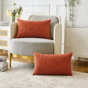 MIULEE Fall Pack of 2 Couch Throw Pillow Covers 12x20 Inch Soft Burnt Orange Chenille Pillow Covers for Sofa Living Room Solid Dyed Pillow Cases