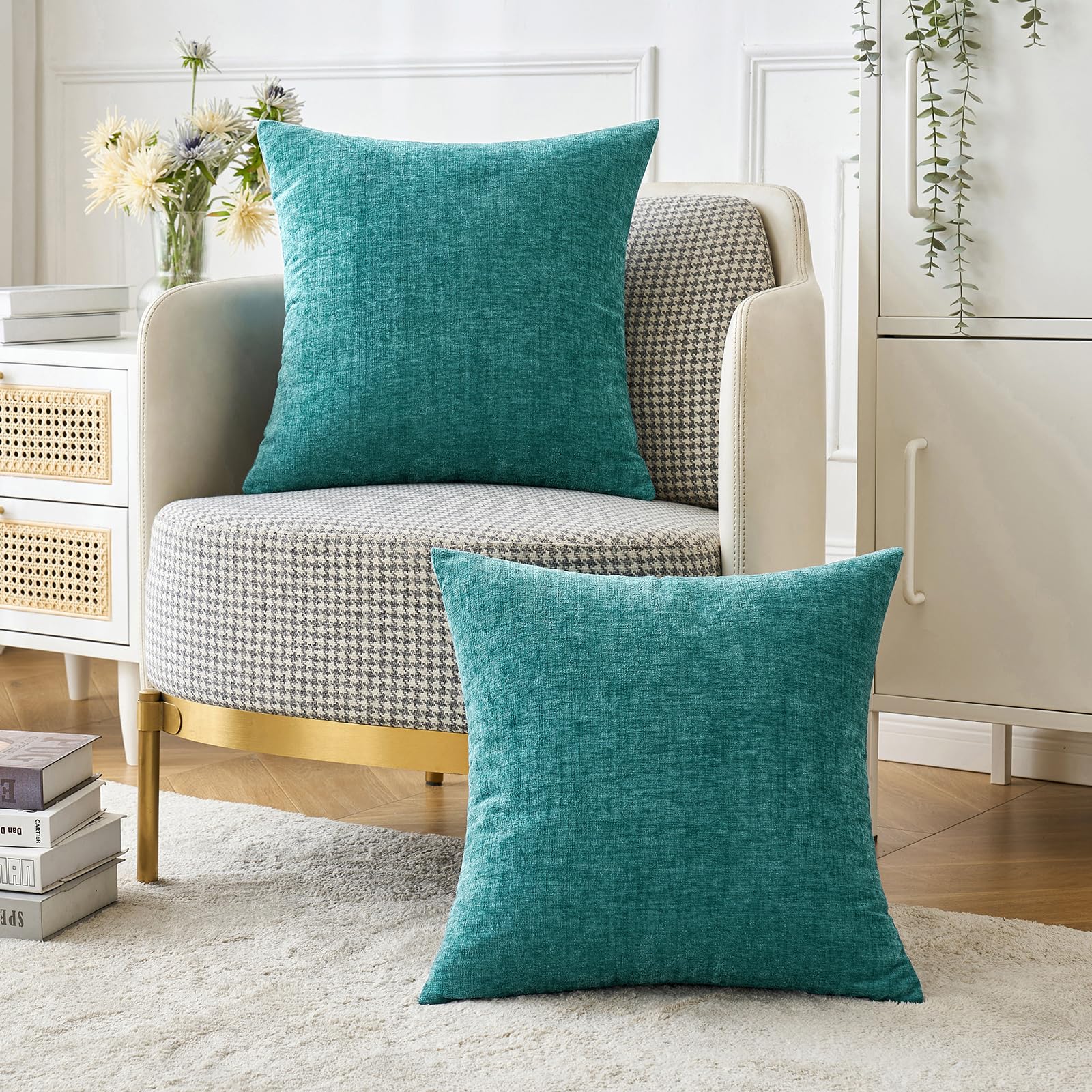 MIULEE Pack of 2 Couch Throw Pillow Covers 18x18 Inch Soft Teal Chenille Pillow Covers for Sofa Living Room Solid Dyed Pillow Cases