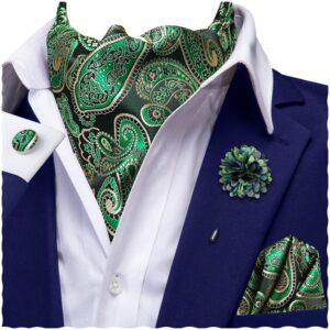 hi-tie green black paisley ascot ties formal cravat lapel pin pocket square cufflinks scarf wedding dress tuxedo