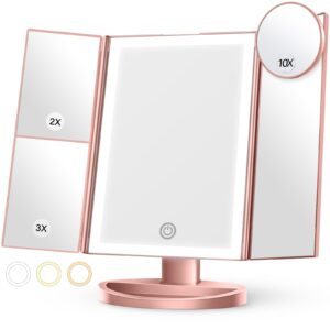 lighted makeup mirror with 3 color lighting, mirror with extra round 10x magnifying mirror, 72 led vanity mirror, 10x 3x 2x magnification, touch control, dual power supply, gift for woman(rose gold)