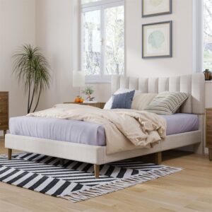 jibell linen upholstered platform bed frame with vertical channel tufted headboard, no box spring needed, with slat support and wood legs, easy assembly. (cream,queen)