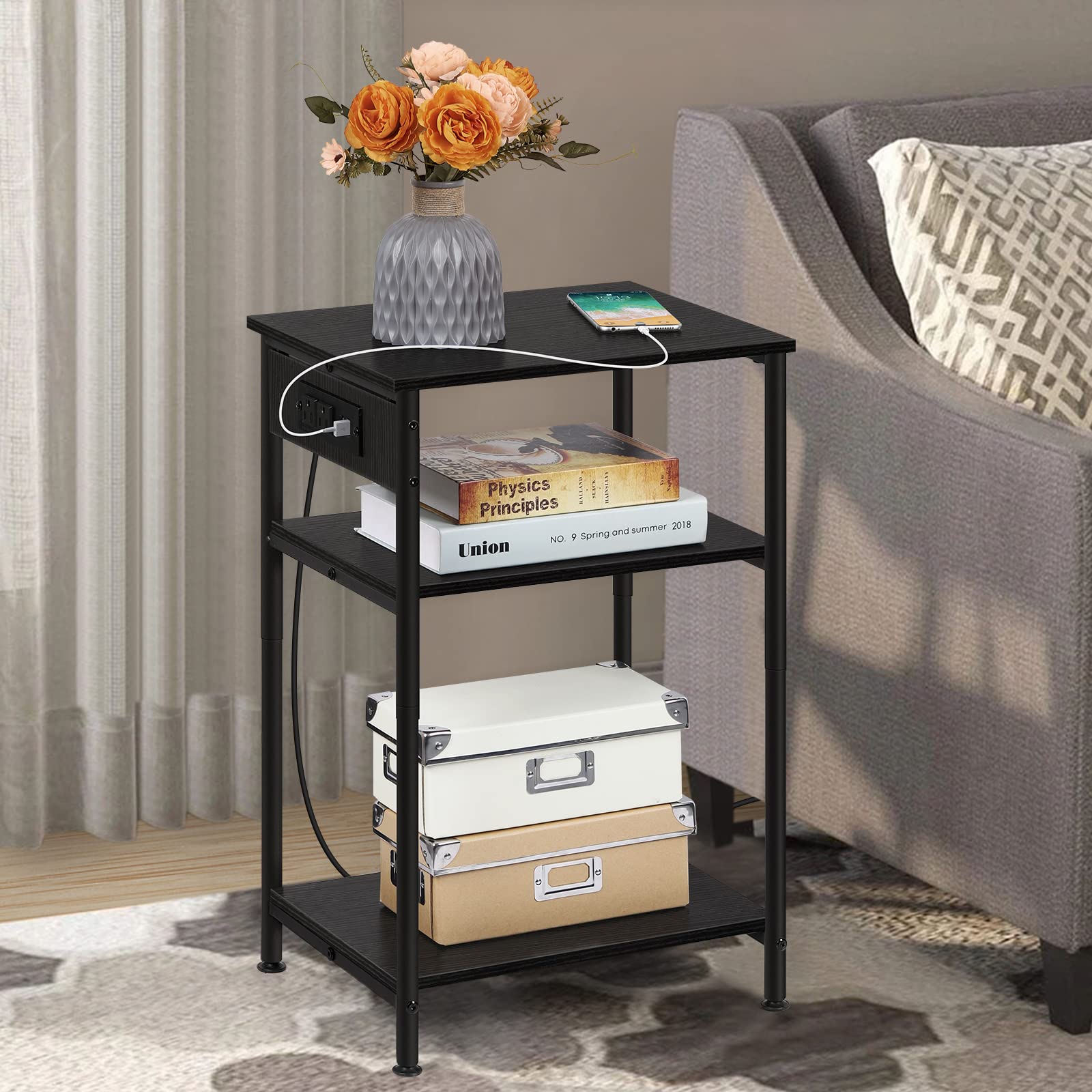 MOOACE Nightstand Black with Charging Station, 3 Tier Black Nightstand End Table with Storage Shelf, Narrow Side Table with USB Ports, for Living Room, Bedroom and Balcony, Black