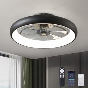 ludomide ceiling fans with lights, 20" flush mount ceiling fan with remote & app control, black low profile ceiling fan with 6 wind speeds, smart dimmable led ceiling fan for bedroom, living room