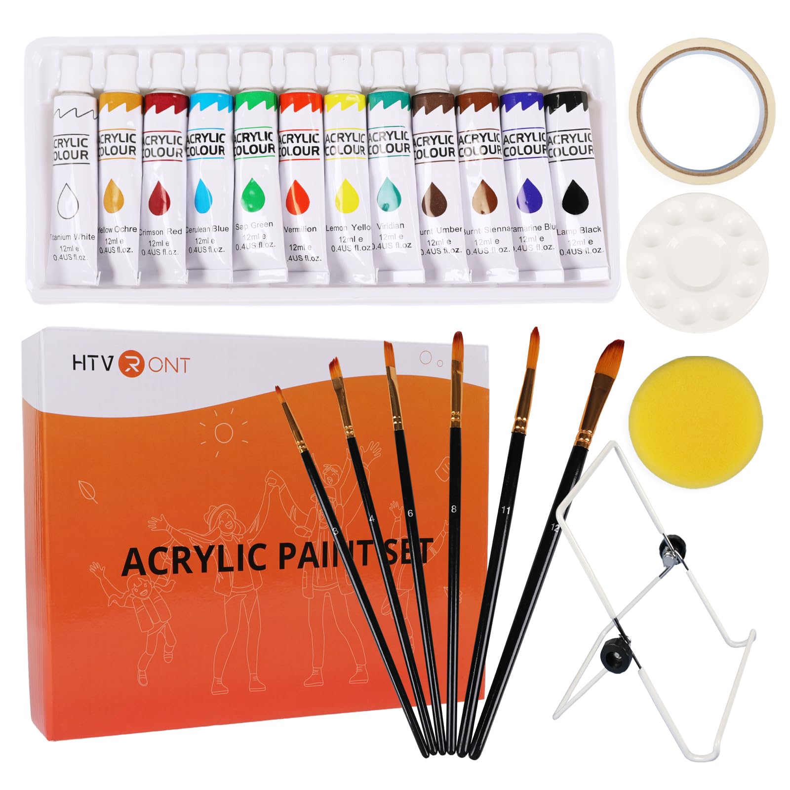 HTVRONT Acrylic Paint Set with 6 Paint Brushes & 4 Canvases, 12 Colors (12ml, 0.4oz), Table Easel, Art Supplies Paints Gifts for Artists Kids Beginners & Painters, Rock Painting Kit Crafts Supplies