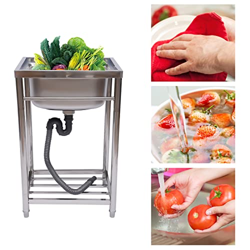 Commercial Kitchen Sink, Free Standing Stainless-Steel Single Bowl Restaurant Kitchen Sink, Prep & Utility Washing Hand Basin with Storage Shelve, Laundry tub for Indoor Outdoor