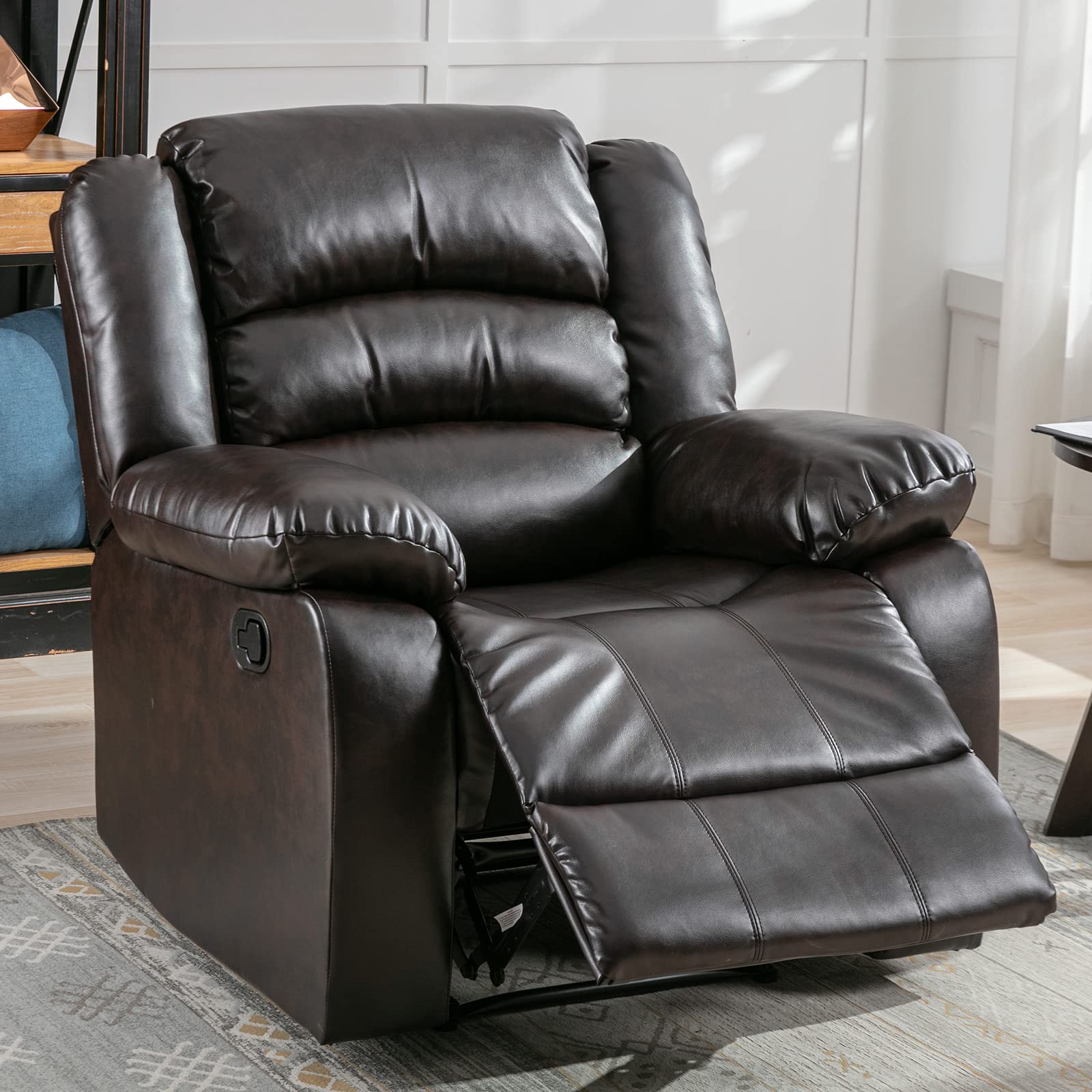 ANJ Manual Recliner Chair, Breathable Faux Leather Reclining Chairs with Overstuffed Arm and Back, Living Room Single Sofa Recliners (Dark Brown)