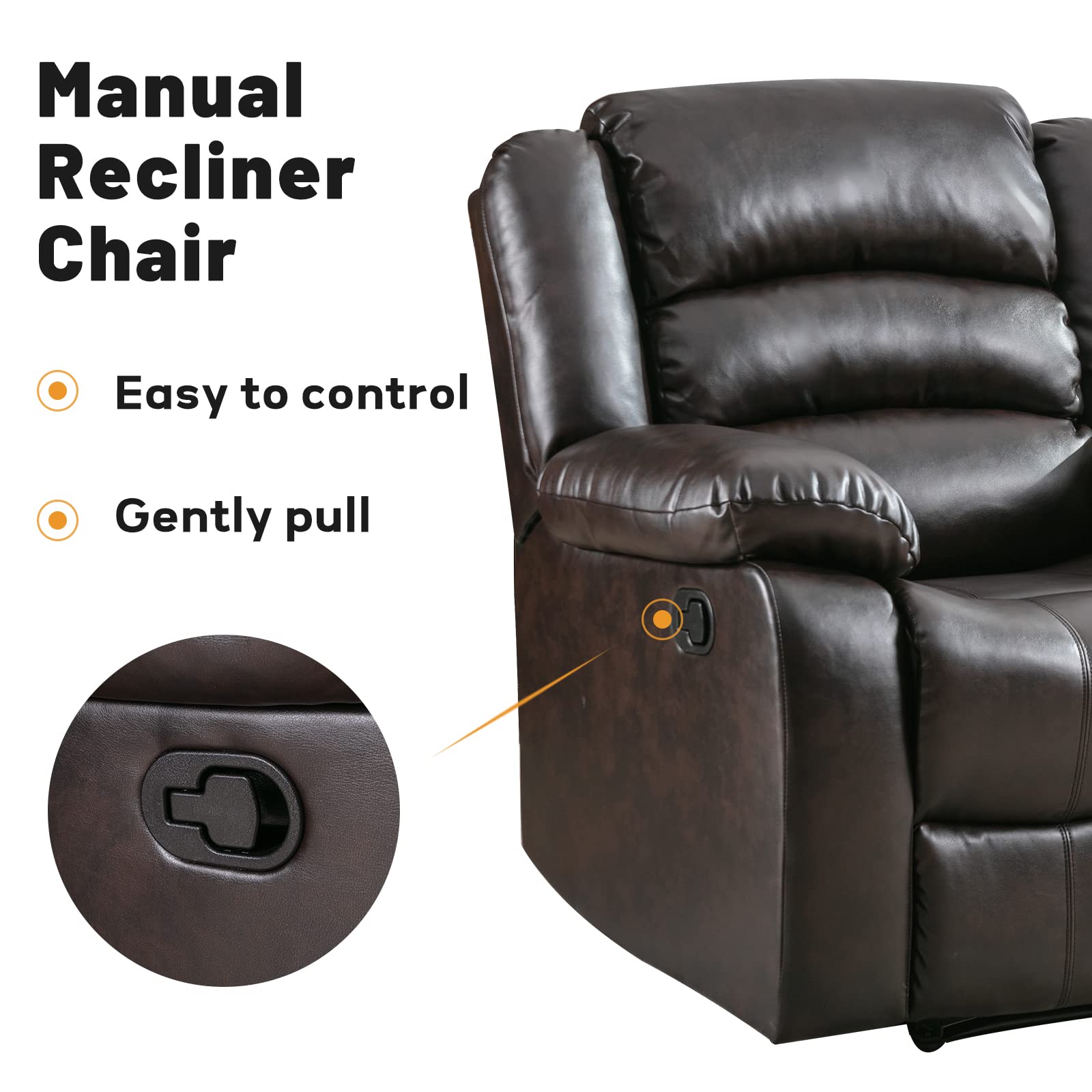 ANJ Manual Recliner Chair, Breathable Faux Leather Reclining Chairs with Overstuffed Arm and Back, Living Room Single Sofa Recliners (Dark Brown)