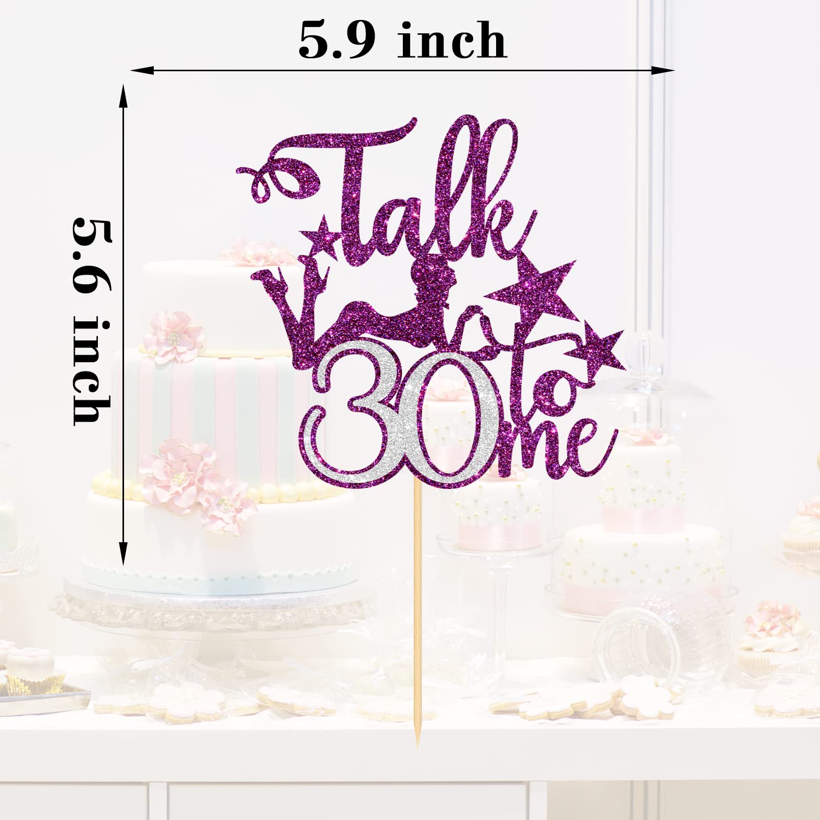 Talk 30 to Me Birthday Cake Topper, Dirty 30, 30th Birthday Anniversary Cake Decor - for Women, Hello 30, 30th Birthday Wedding Anniversary Party Supplies, Purple＆Silver Glitter