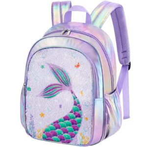 wawsam mermaid kids backpack - sparkly sequins backpack for girls purple school bag personalized 15” backpack for school elementary travel casual book bag for christmas birthday back to school gift