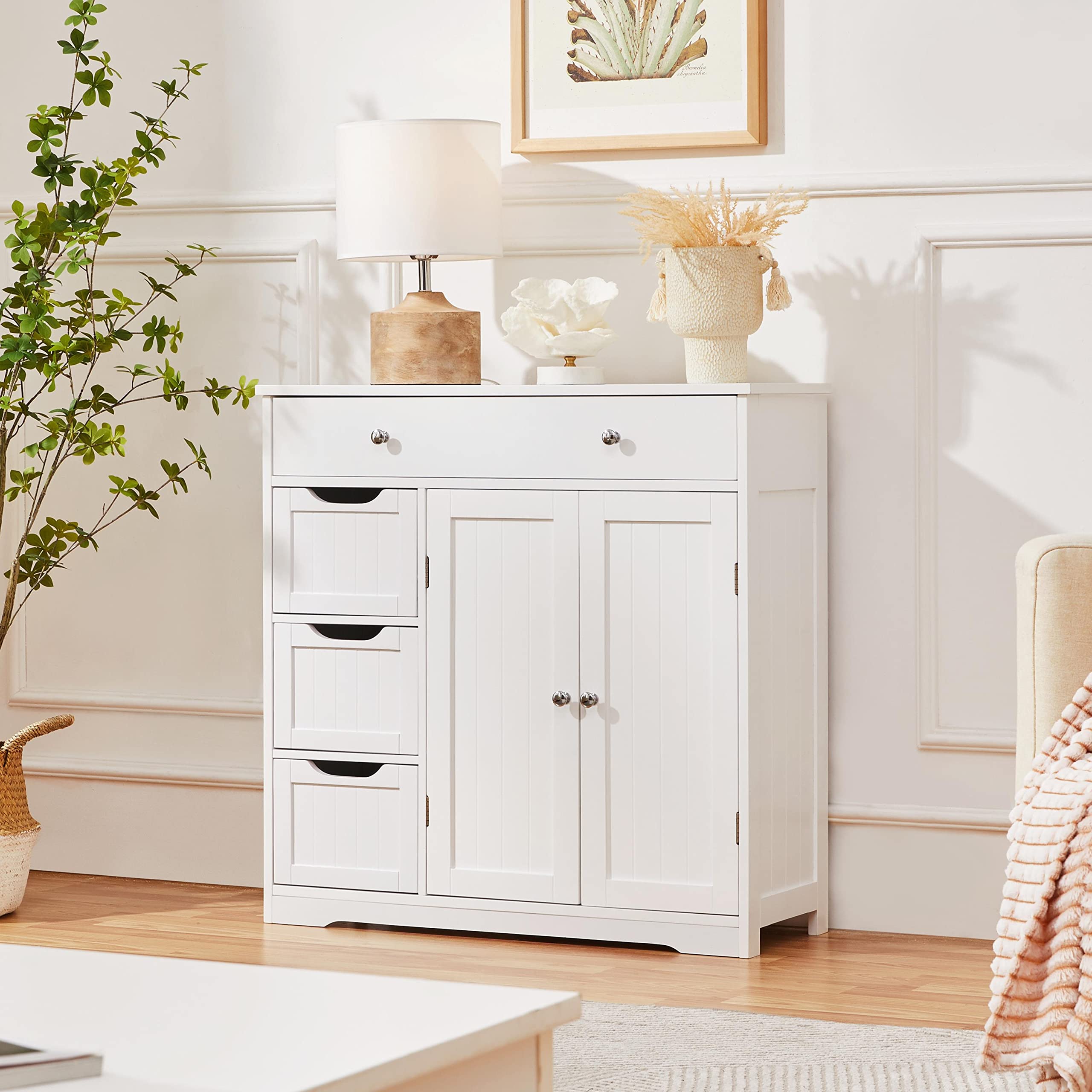 Topeakmart Bathroom Free-Standing Floor Cabinet, Practical Storage Cabinet with 4 Drawers and 2 Doors for Kitchen, Entrance Area, Living Room, Adjustable Shelves, Ample Space White