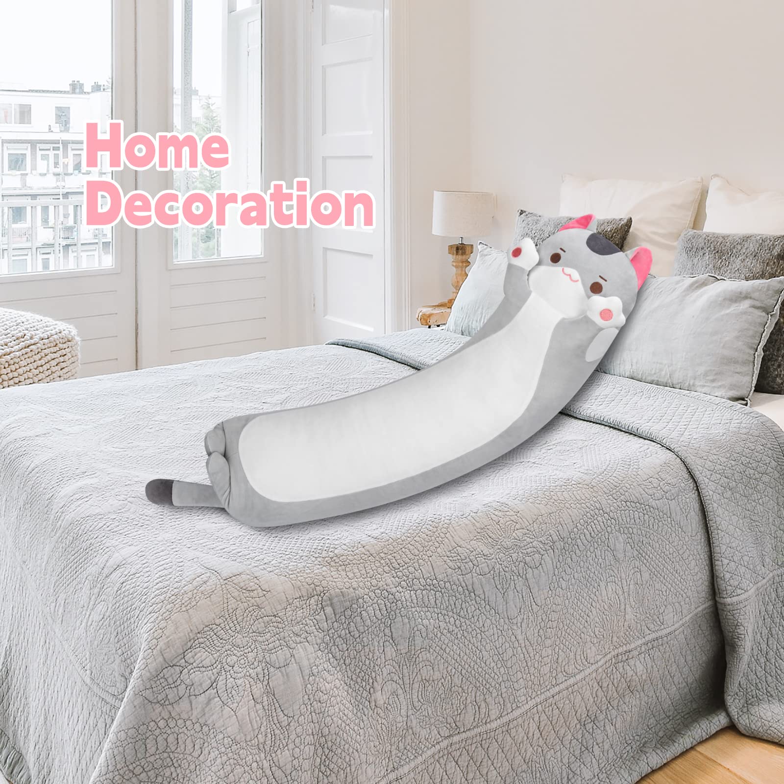 Mewaii Long Cat Plush Kids Body Pillow, 28 Inch Cute Gray Cat Stuffed Animals Soft Plushies, Kitten Kawaii Plush Throw Pillow Doll Toy Gift for Girlfriend, Gray Cat Body Pillow, (27.6in/70cm)